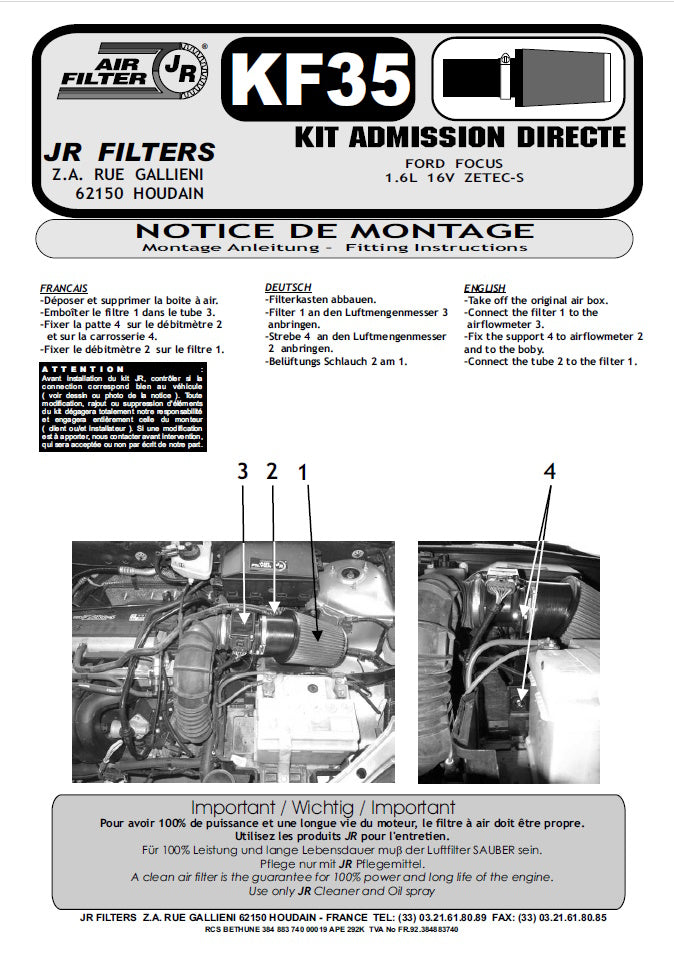 JR FILTERS KF35 Kit Admission directe - Filtre à air Sport – jrfilters