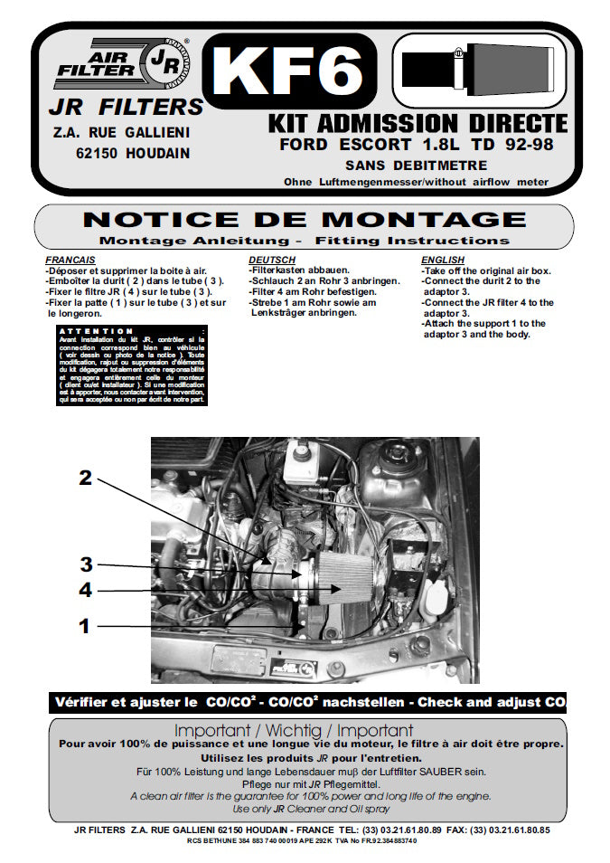 JR FILTERS KF6 Kit Admission directe - Filtre à air Sport – jrfilters