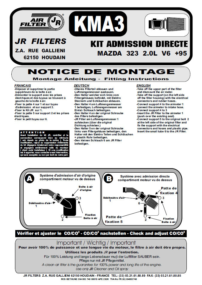 JR FILTERS KMA3 Kit Admission directe - Filtre à air Sport – jrfilters